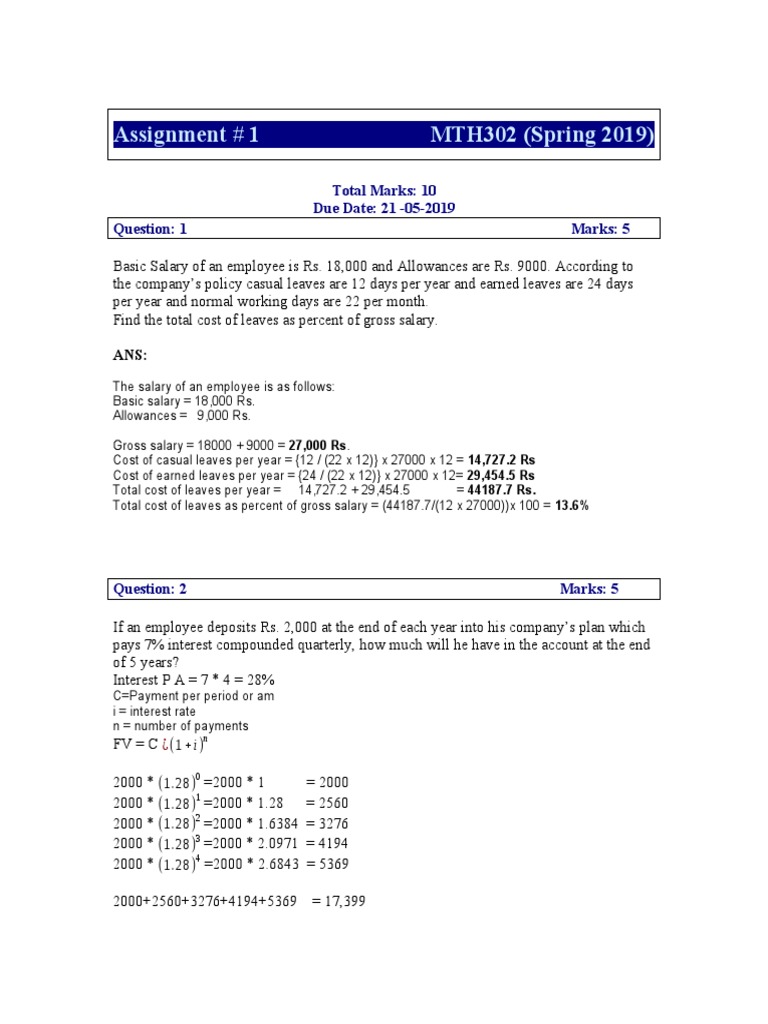 Assignment # 1 MTH302 (Spring 2019) | PDF