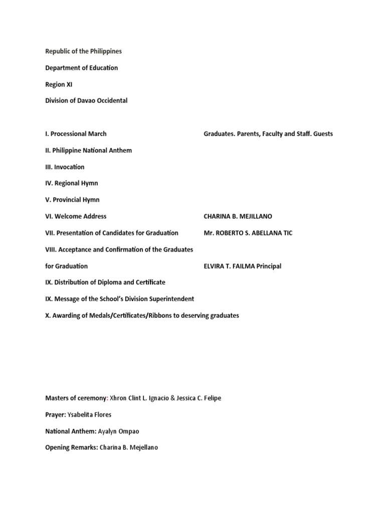Program for the Graduation Ceremony of the Davao Occidental Division | PDF
