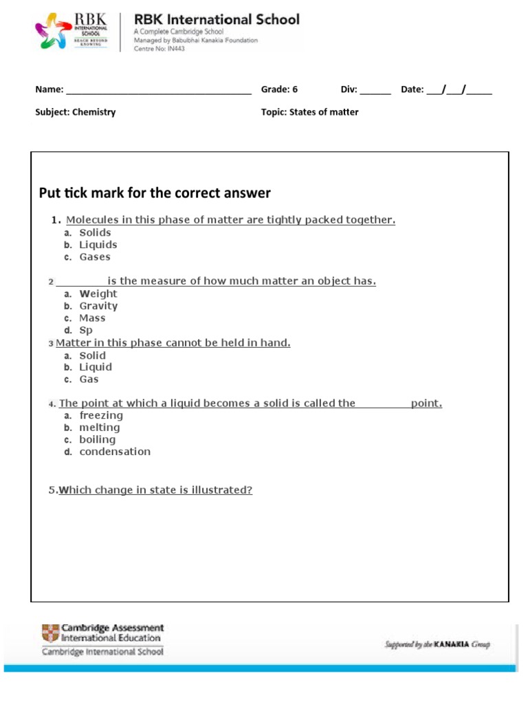 Grade 6 Chemistry: States of Matter Quiz | PDF | Science & Mathematics