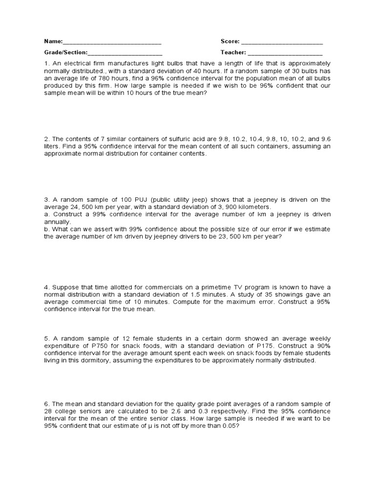 Activity On Estimation | PDF | Standard Deviation | Confidence Interval