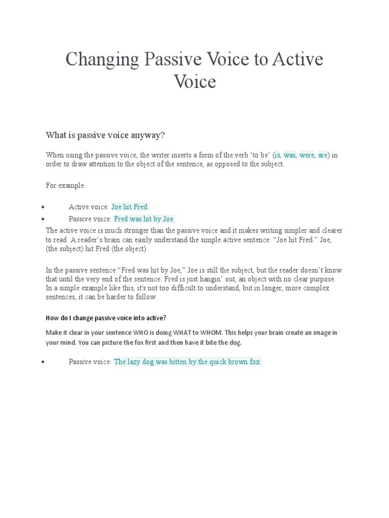 Changing Passive Voice To Active Voice | PDF | Language Arts ...