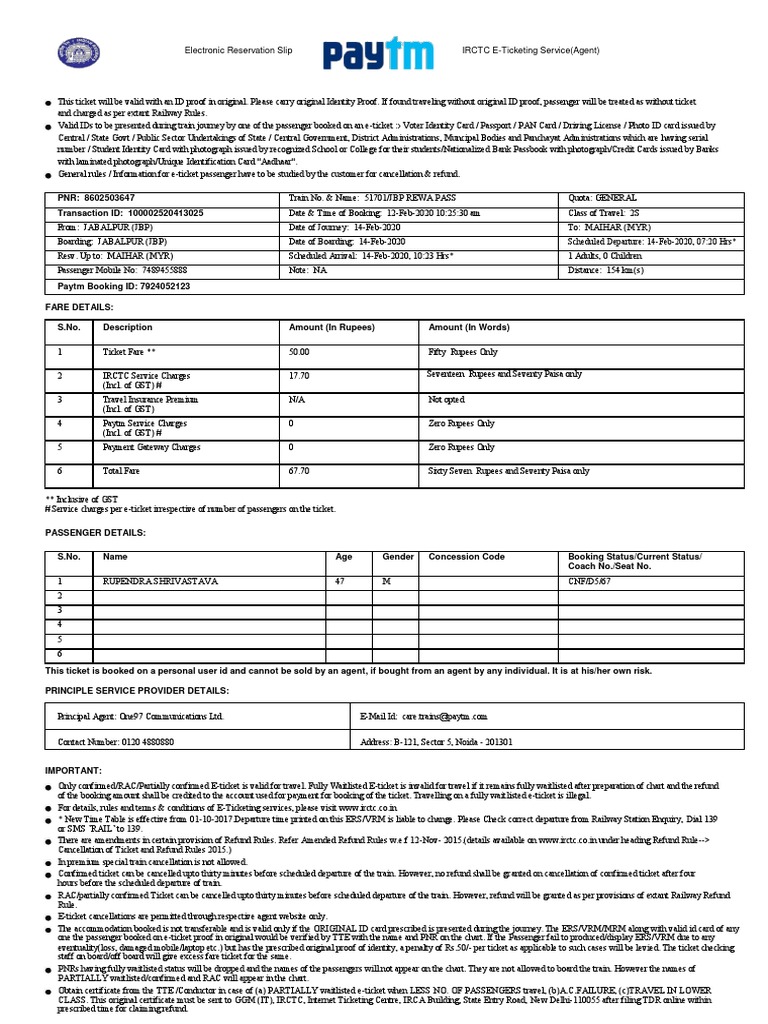 Electronic Reservation Slip IRCTC E-Ticketing Service (Agent) | PDF ...