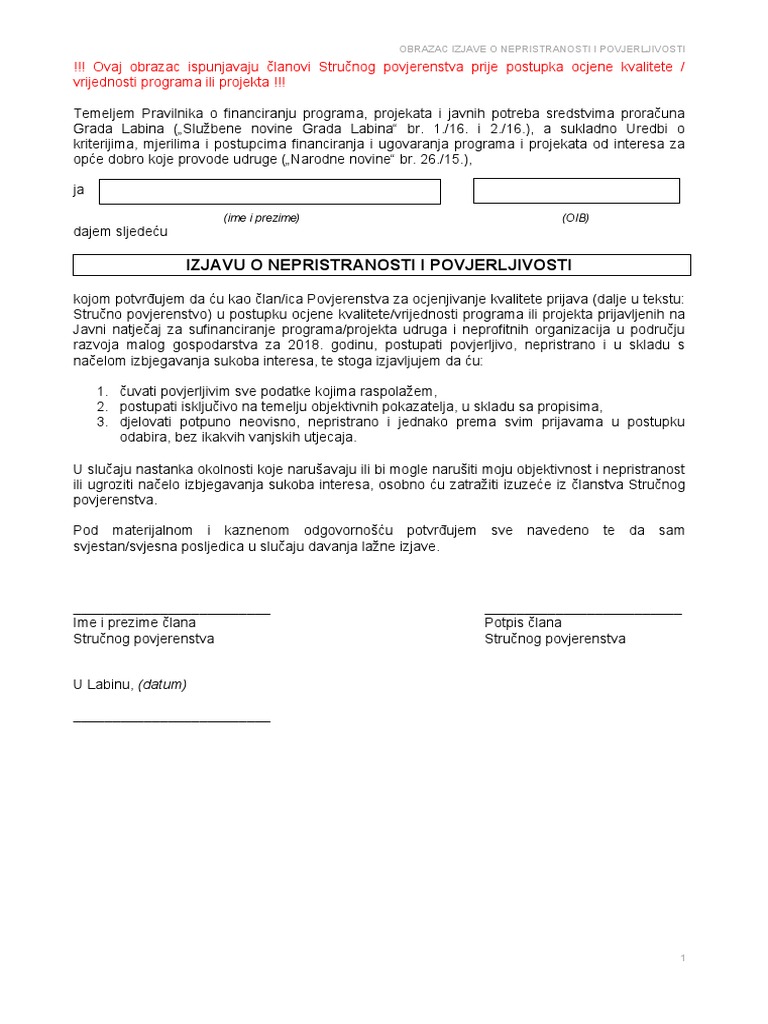 C Obrazac Izjave o Nepristranosti I Povjerljivosti | PDF
