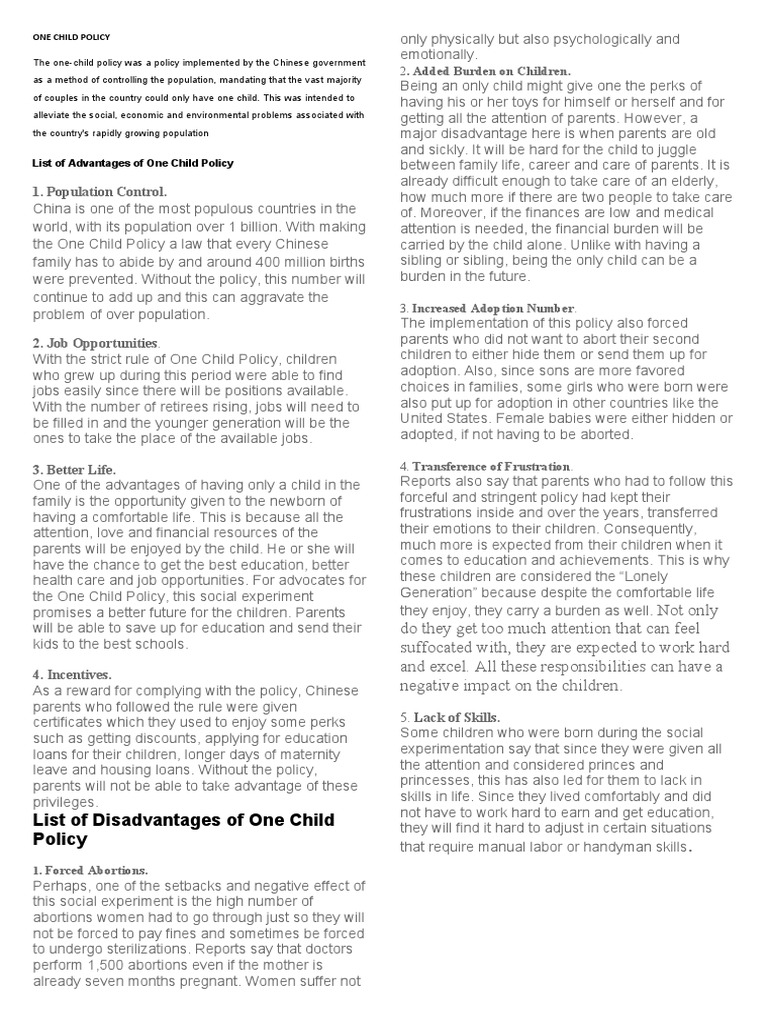 List of Disadvantages of One Child Policy: 1. Population Control | PDF ...