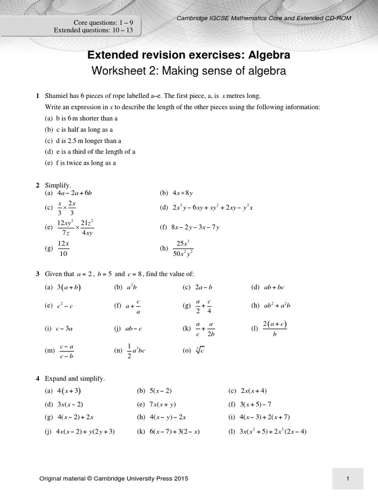 Worksheet 2: Making Sense of Algebra: Extended Revision Exercises ...