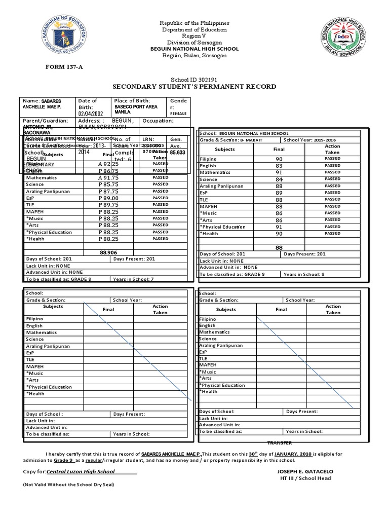 Secondary Student'S Permanent Record: Beguin National High School FORM ...