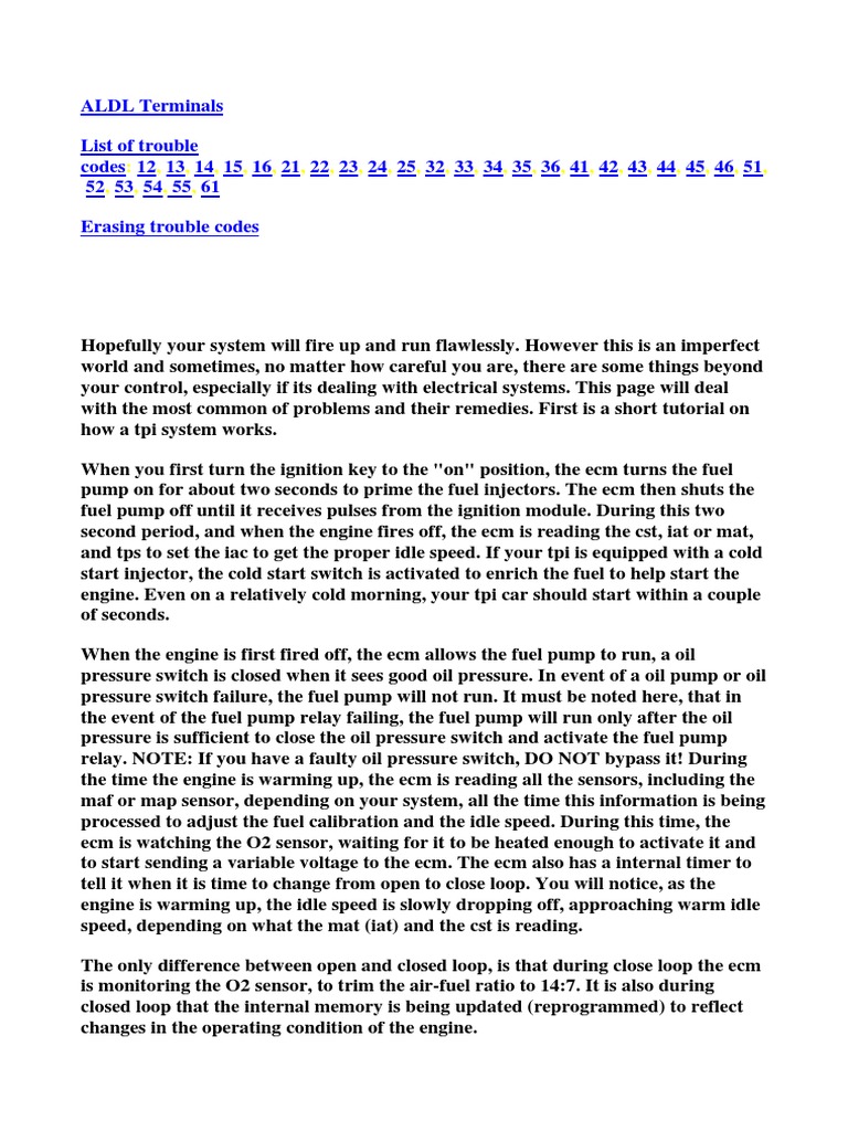 ALDL Terminals List of Trouble Codes 12 13 14 15 16 21 22 23 24 25 32 ...
