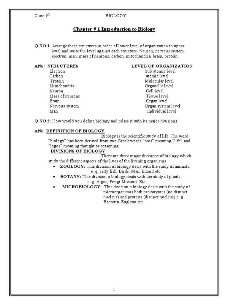 Teaching Notes Biology Class 9 Chapter # 1 | PDF | Organisms | Organ ...