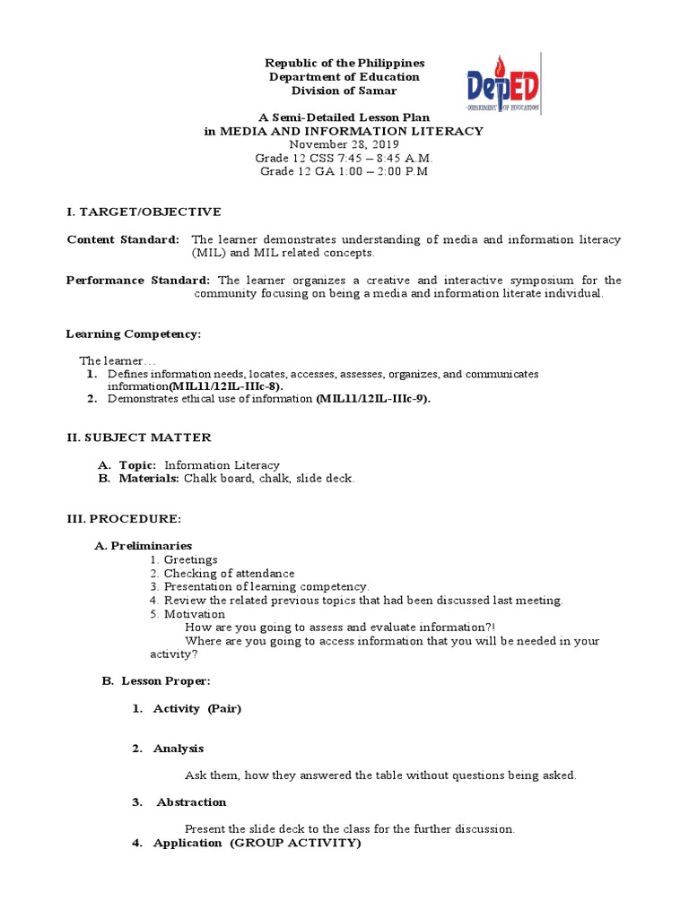 Media and Information Literacy Lesson Plan | PDF | Information Literacy ...