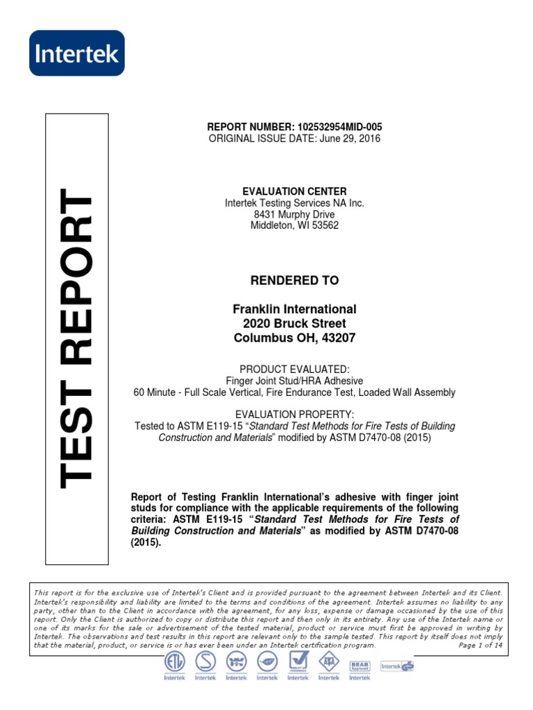 ASTM E119 Fire Test Report Summary | PDF | Drywall | Lumber
