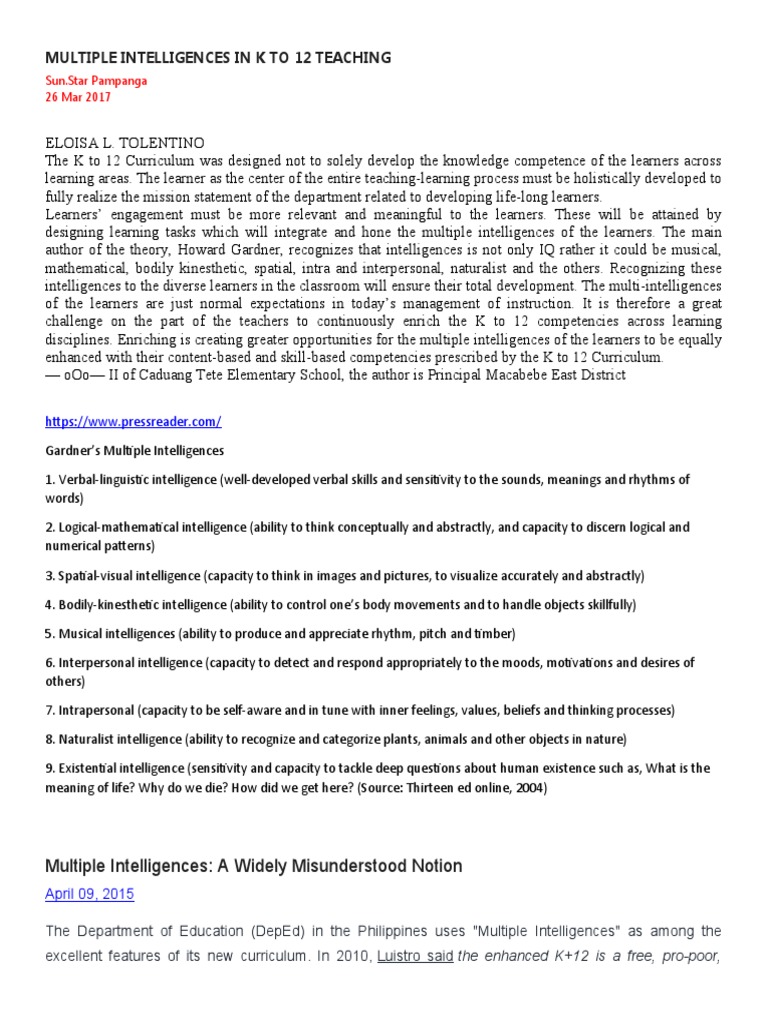 Multiple Intelligences in K to 12 Education | PDF | Intelligence ...