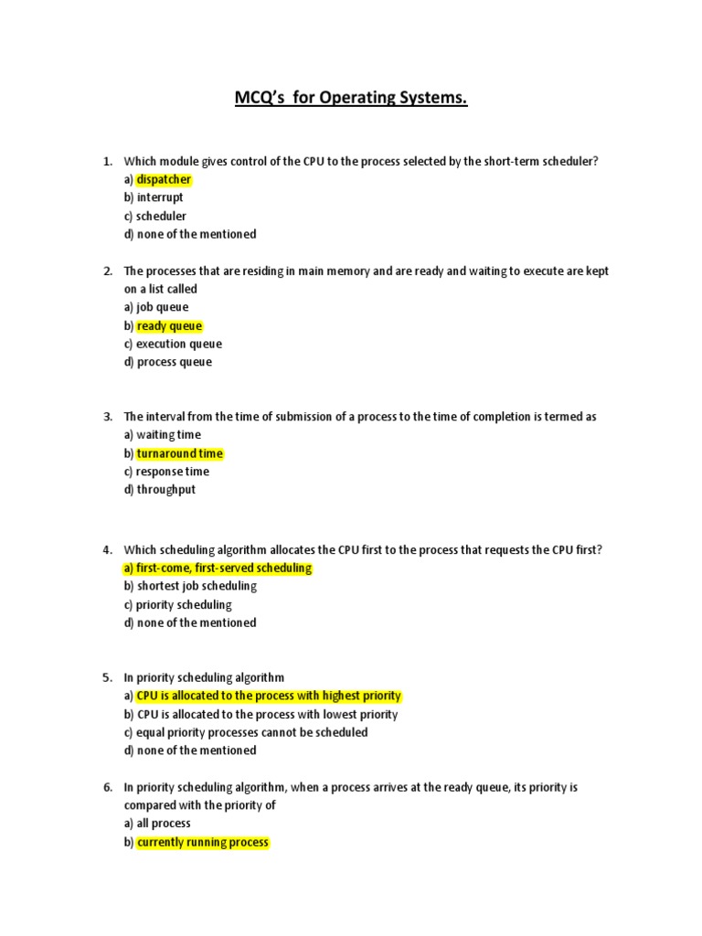 MCQ's For Operating Systems | PDF | Scheduling (Computing) | Process (Computing)