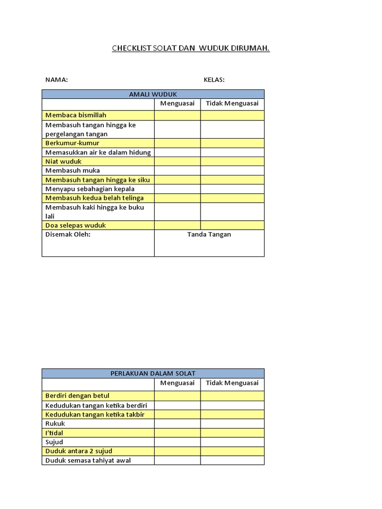 Checklist Solat Dan Wuduk Dirumah | PDF