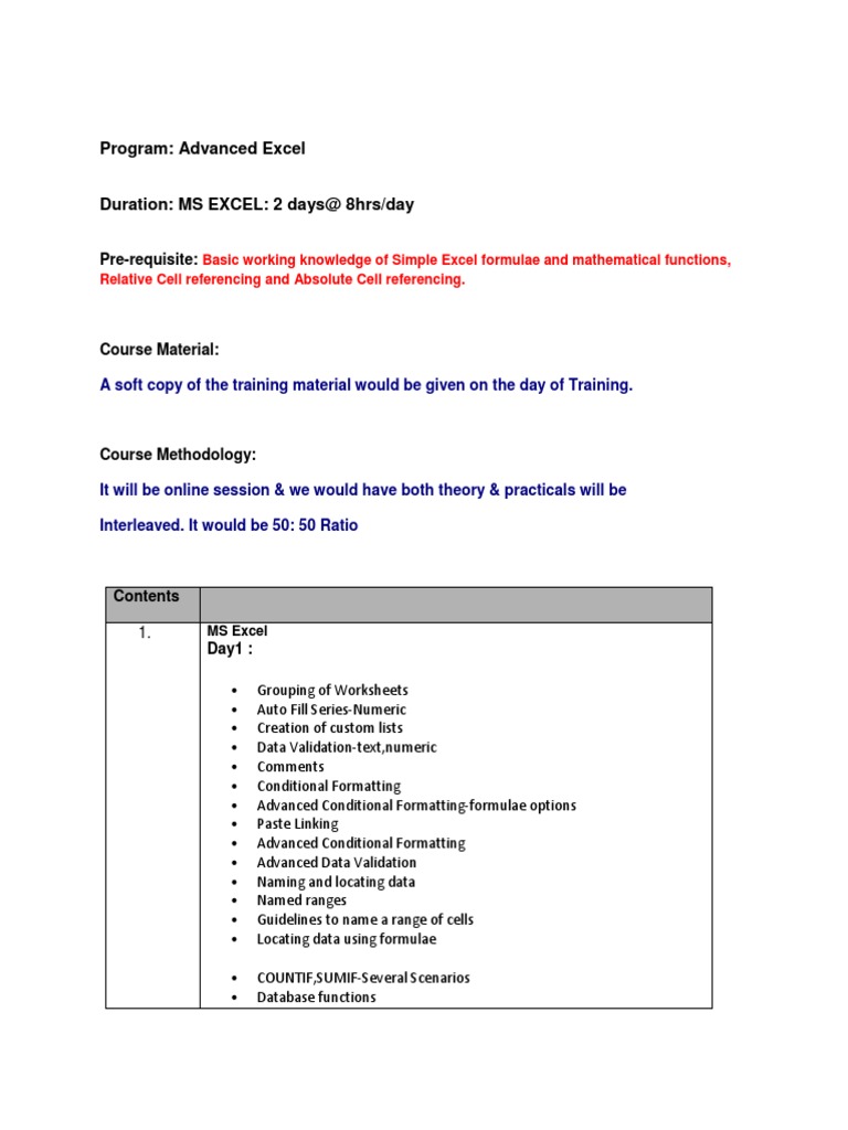 Program: Advanced Excel: Pre-Requisite | PDF | Microsoft Excel ...