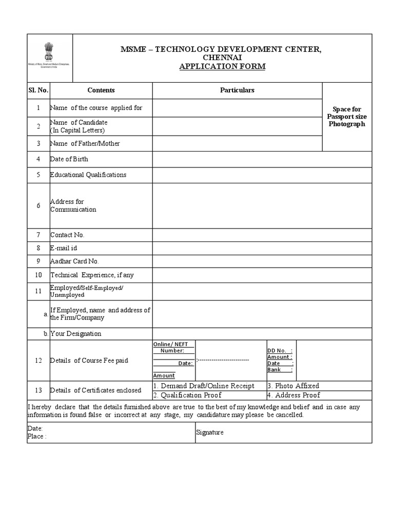 Msme - Technology Development Center, Chennai Application Form | PDF