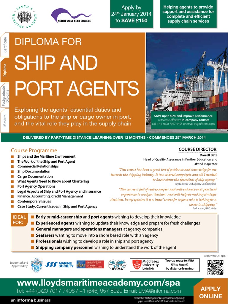 Ship and Port Agents: Diploma For | PDF | Bill Of Lading | Admiralty Law