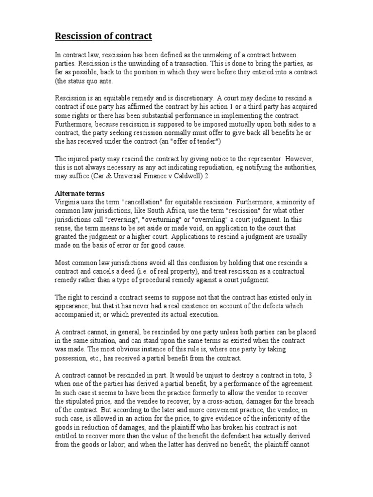 Rescission of Contract: Alternate Terms | PDF | Misrepresentation ...
