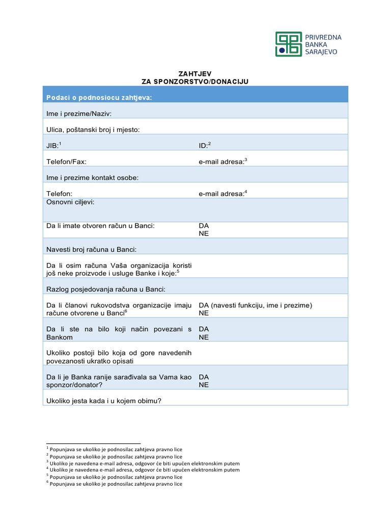 Obrazac Zahtjev Za Sponzorstvo Donaciju | PDF