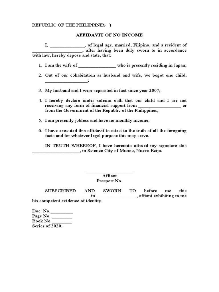 Affidavit of No Income in the Philippines | PDF