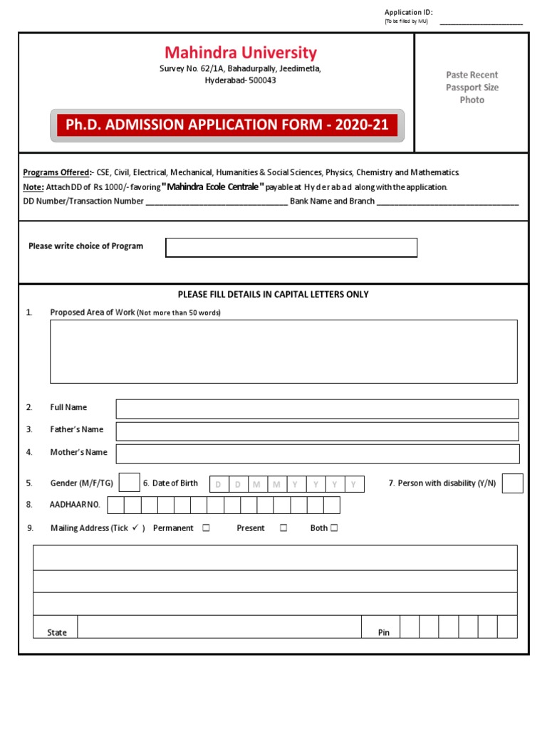 Mahindra University: Ph.D. Admission Application Form - 2020-21 | PDF ...