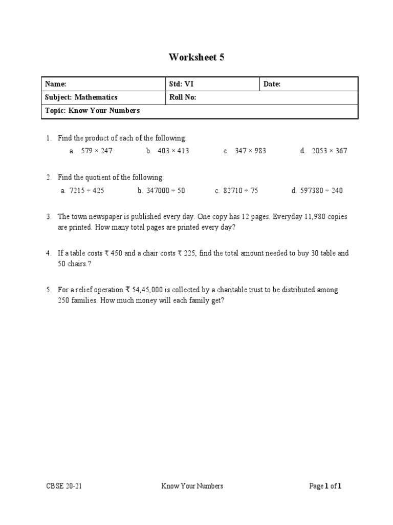 Worksheet 5: Name: STD: VI Date: Subject: Mathematics Roll No: Topic ...
