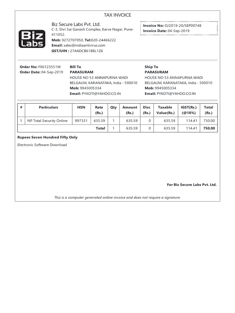 Tax Invoice Biz Secure Labs Pvt. LTD.: This Is A Computer Generated ...