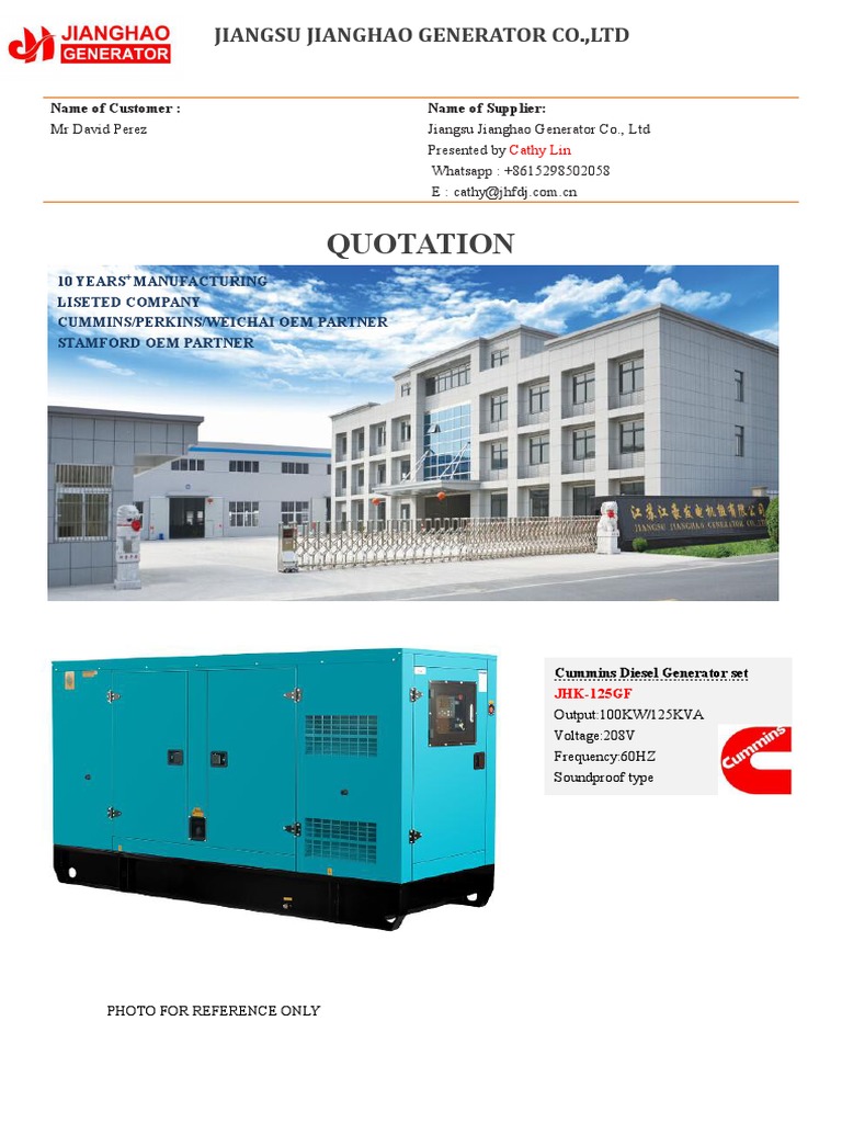 125kva Perkins Diesel Generator Quotation | PDF | Engines | Electricity