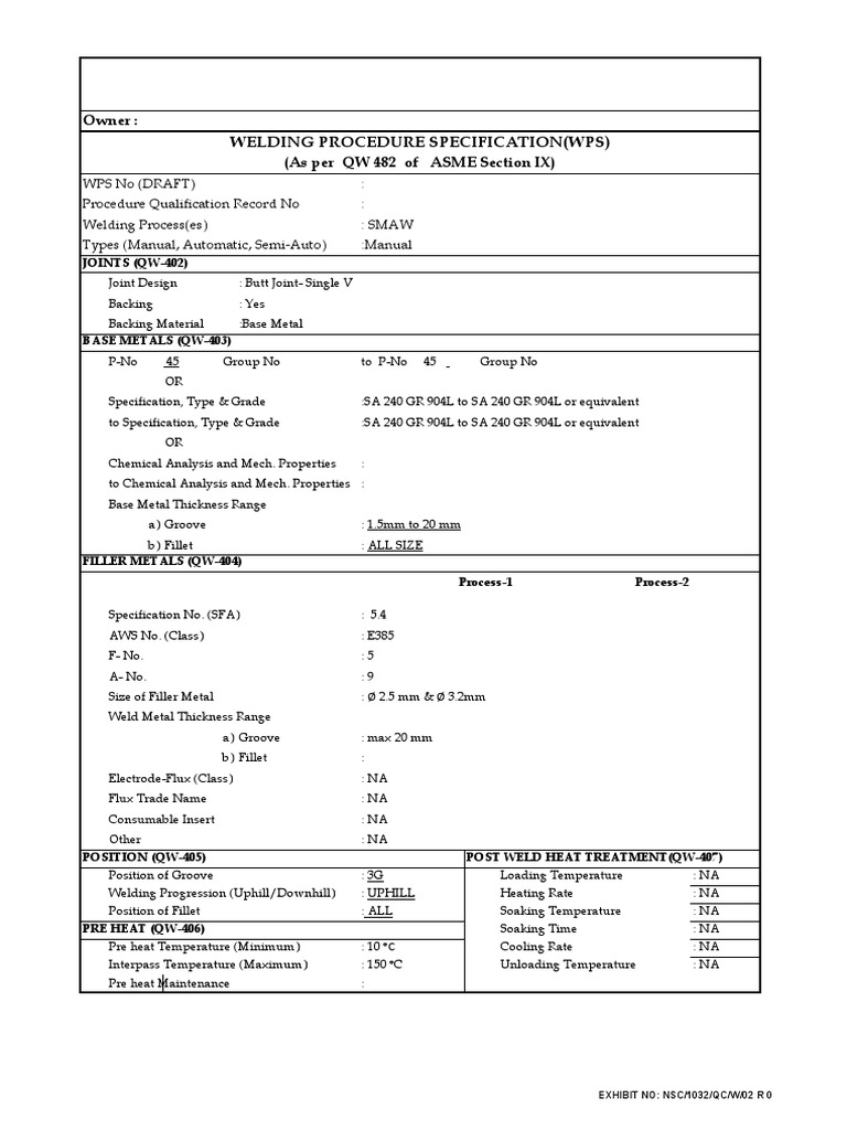 Welding Procedure Specification (WPS) : Owner: (As Per QW 482 of ASME ...