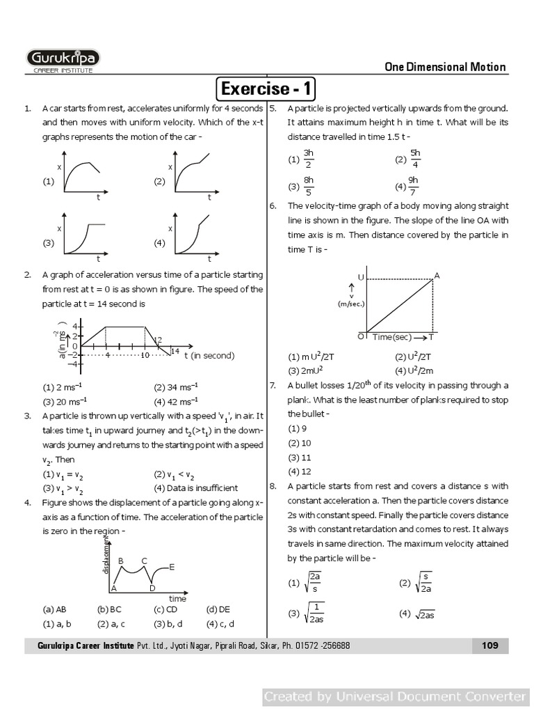 One Dimensional Motion Exercise - 01, 02 | PDF | Acceleration | Velocity