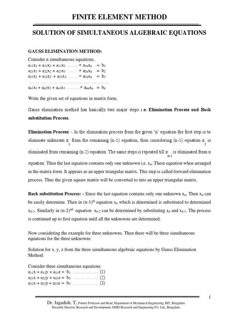 1B FEM Gauss Elimination Method | PDF | Equations | Mathematical Concepts