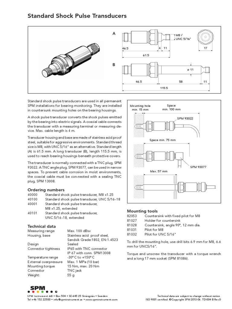 Standard Shock Pulse Transducers: Ordering Numbers | PDF | Electrical Connector | Manufactured Goods