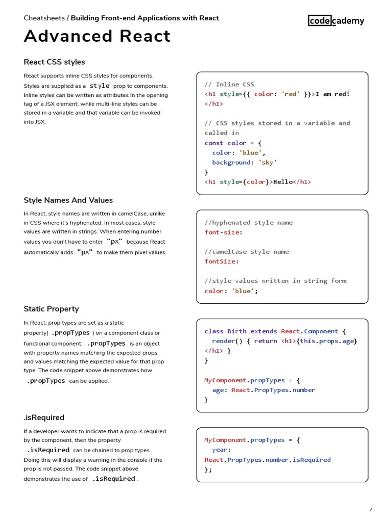 Building Front End Applications With React Advanced React Cheatsheet Codecademy Pdf Pdf