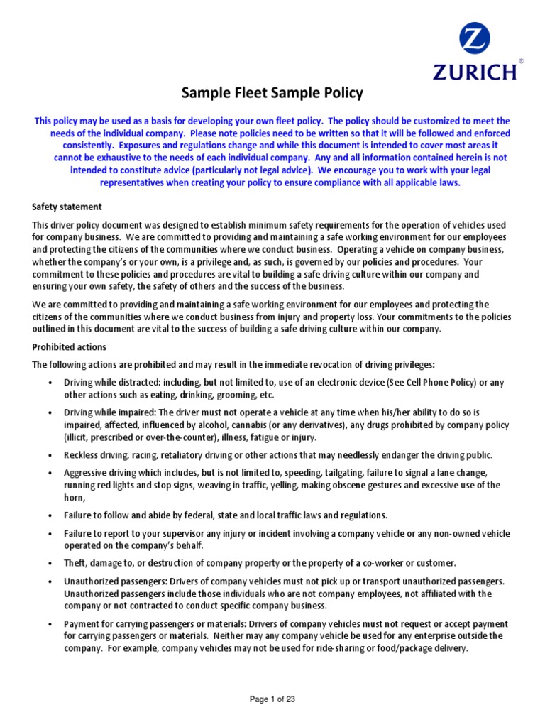 Zurich Fleet Policy Sample | PDF | Traffic Collision | Driving Under ...