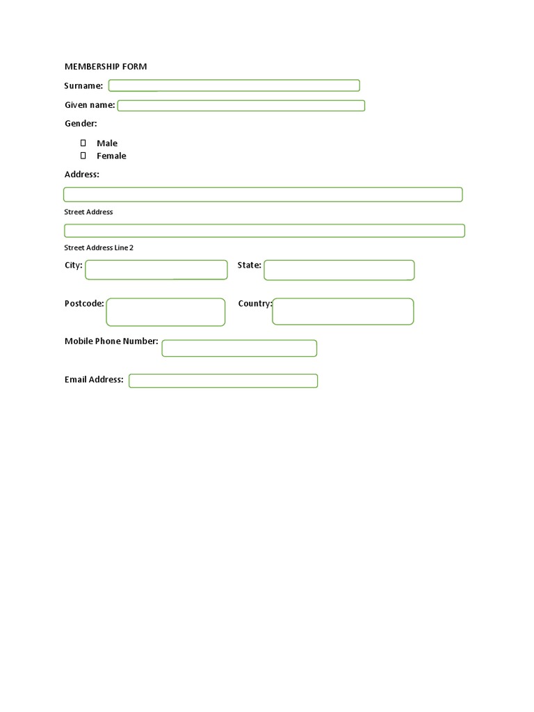 Membership Form Surname: Given Name: Gender: Male Female Address | PDF ...