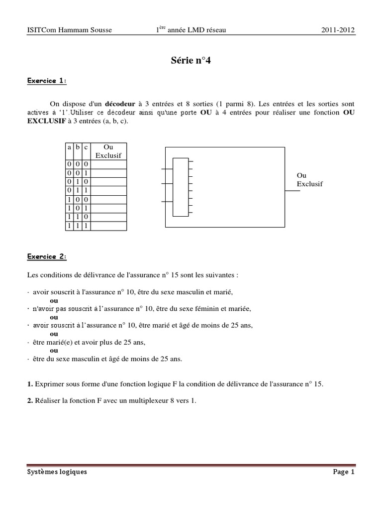 Exercices sur systèmes logiques 1ère année | PDF | Fonction logique ...