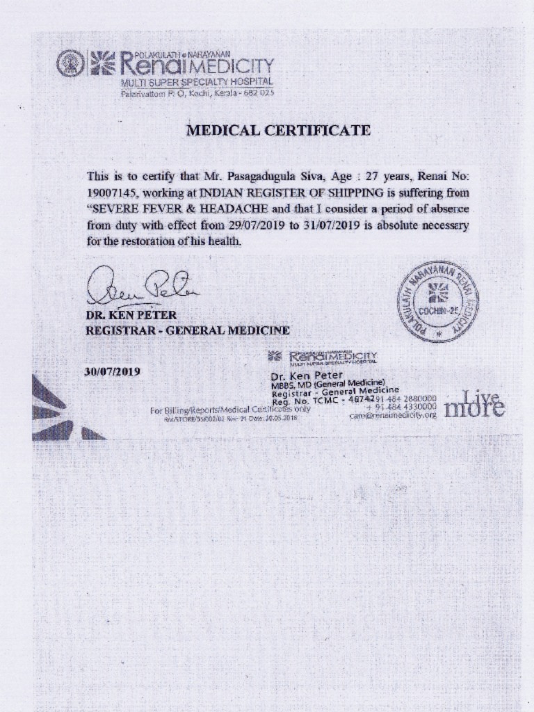 Medical Certificate - Siva | PDF