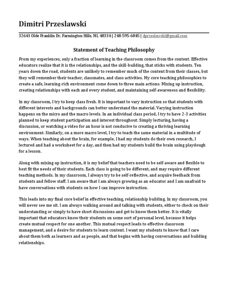 Statement of Teaching Philosophy | PDF