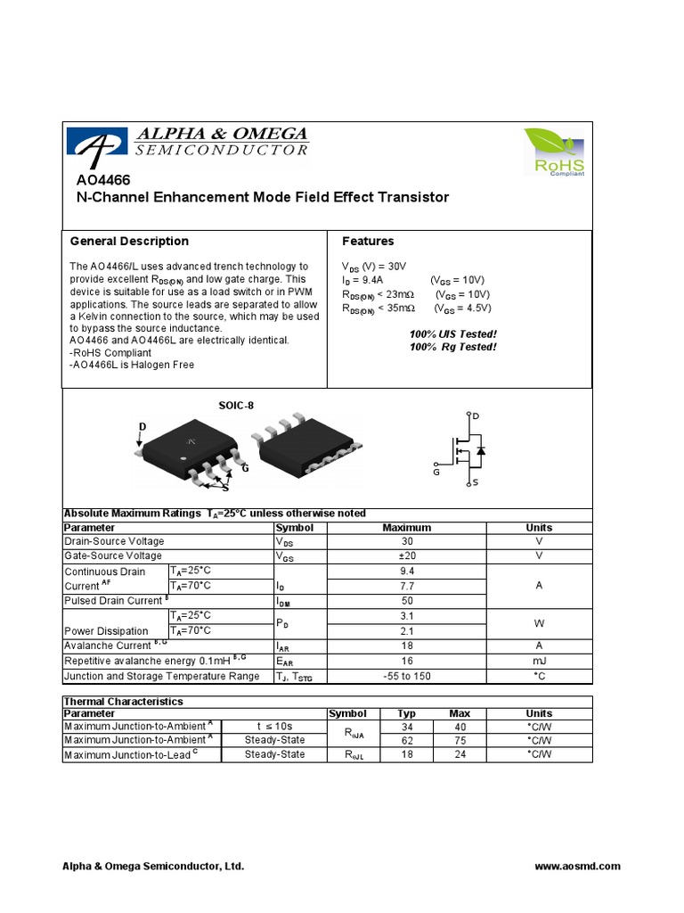 AO4466 N-Channel MOSFET Specs | PDF | Field Effect Transistor | Diode