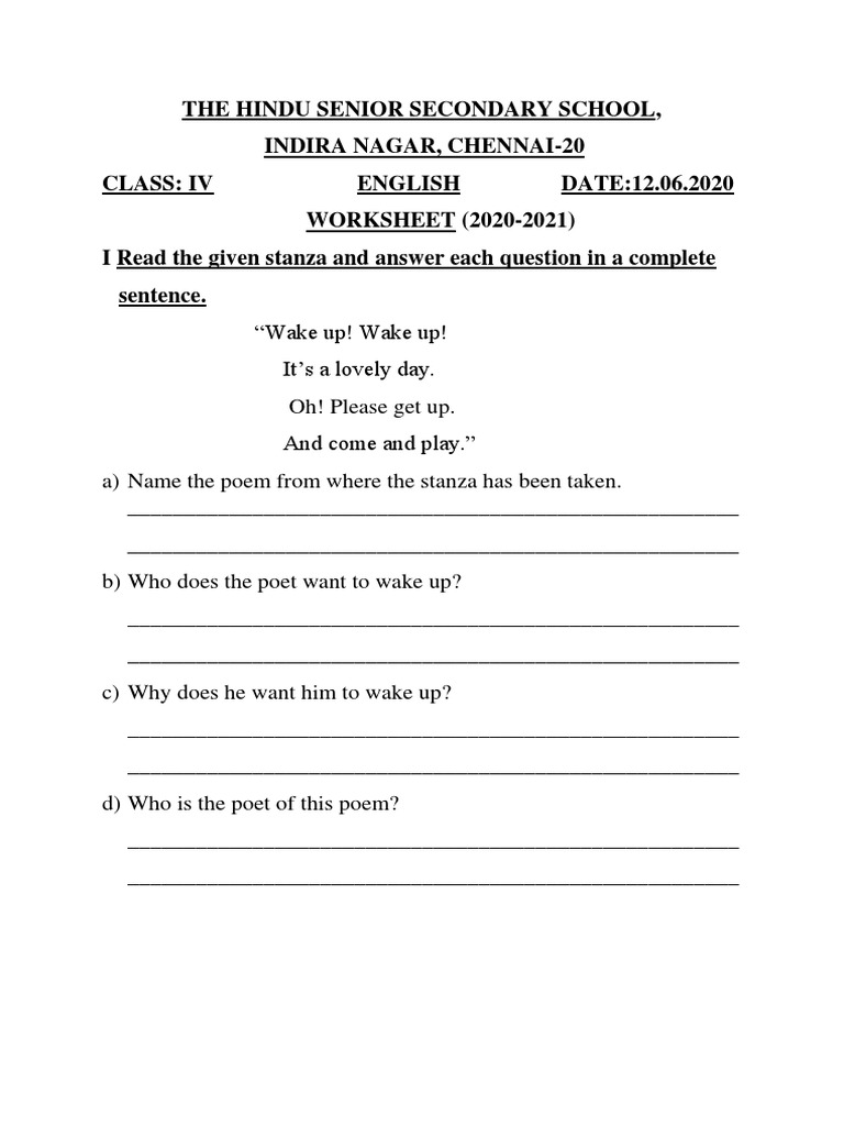 Class 4 - Wake Up Worksheet | PDF