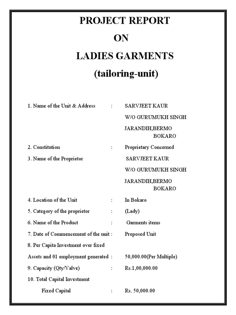 Project Report ON Ladies Garments (Tailoring-Unit) | PDF | Expense ...