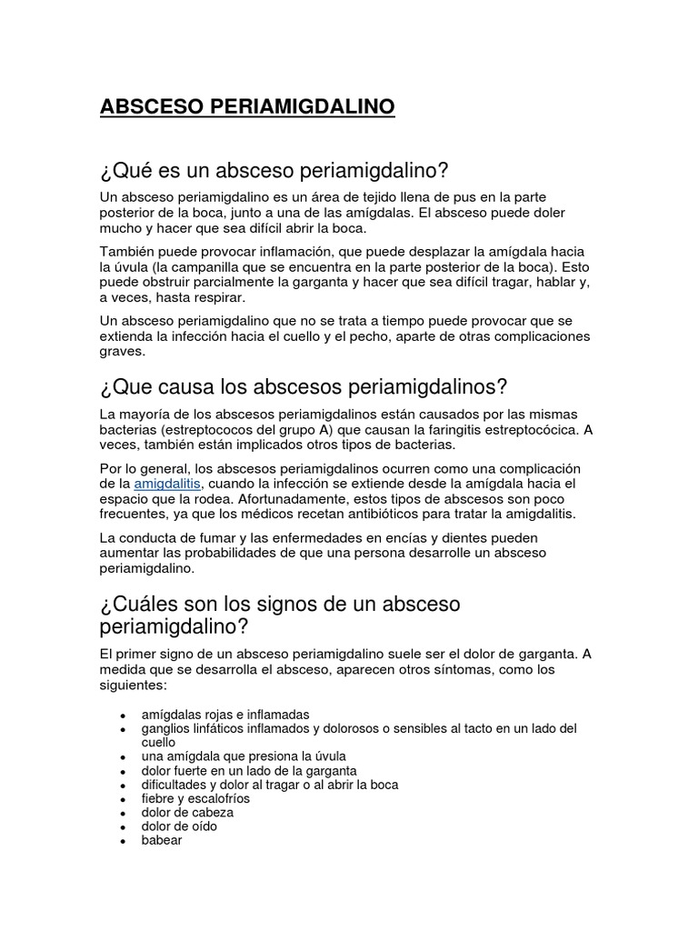 Absceso Periamigdalino: Causas y Tratamiento | PDF | Enfermedades y ...
