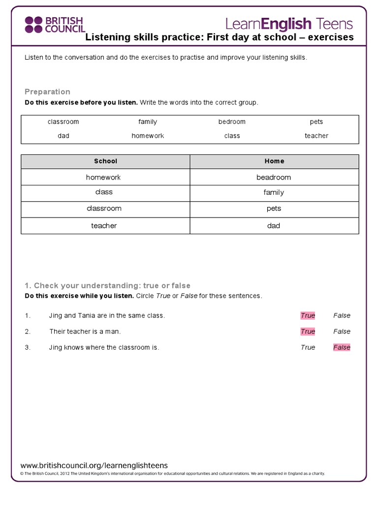 Listening Skills Practice: First Day at School - Exercises: Preparation ...