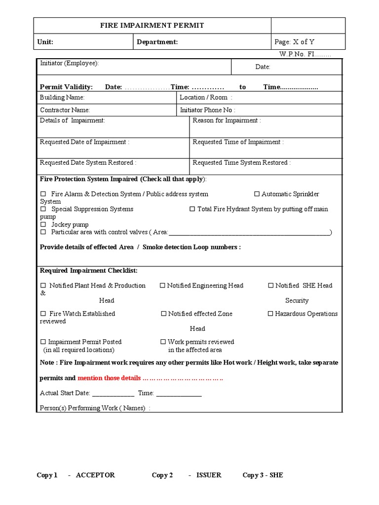 Fire Impairment Permit Unit: Department:: Page: X of Y W.P.No. FI ...