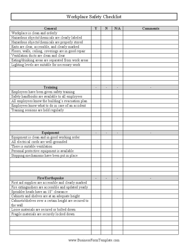 Workplace Safety Checklist: General Y N N/A Comments | PDF | Technology ...