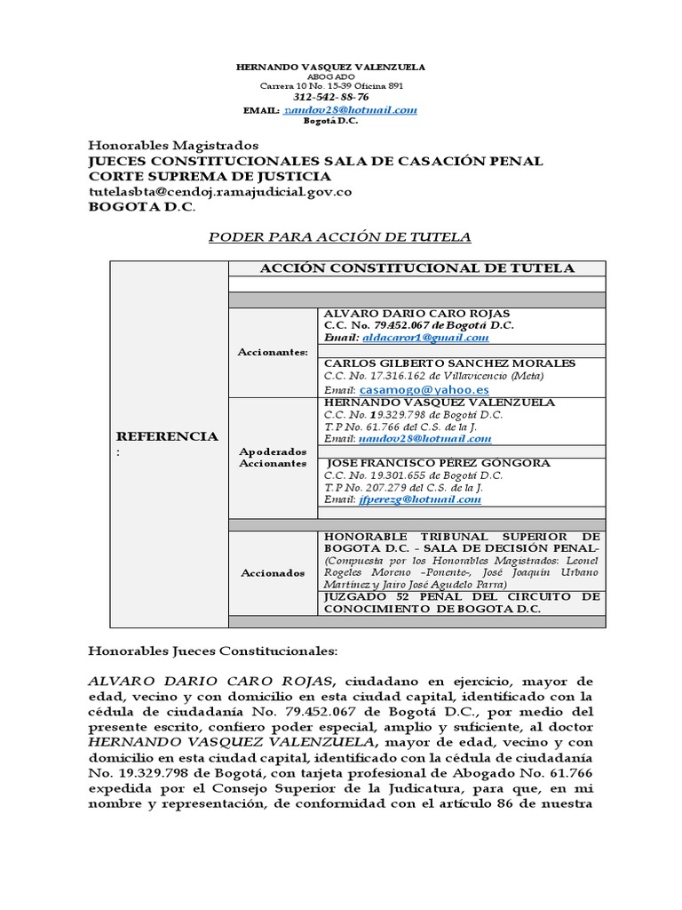 Poder Tutela Alvaro Dario Caro Rojas | PDF | Bogotá | Información del gobierno