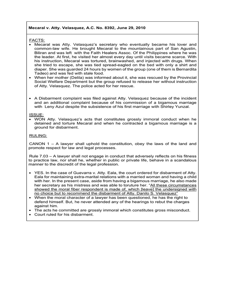 Mecaral v. Atty. Velasquez | PDF | Disbarment | Marriage