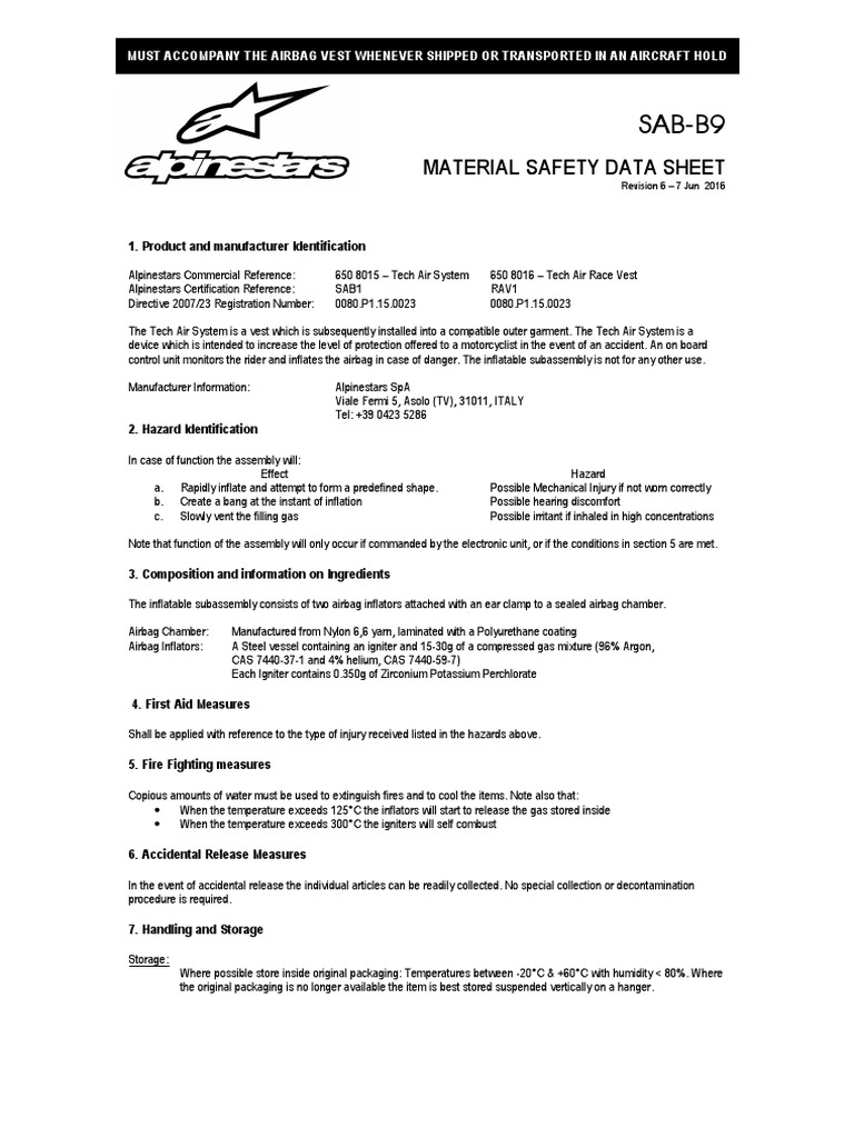 SAB-B9: Material Safety Data Sheet | PDF | Airbag | Fires
