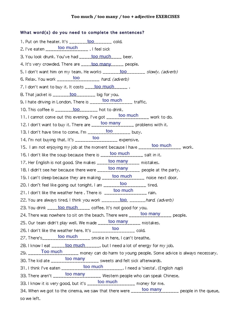 Too Much Many Too Adjective Exercises With Ak 1 | Download Free PDF ...