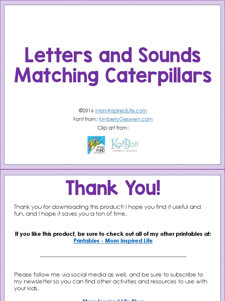 Letters and Sounds Matching Caterpillars: ©2016 Font From: Clip Art ...