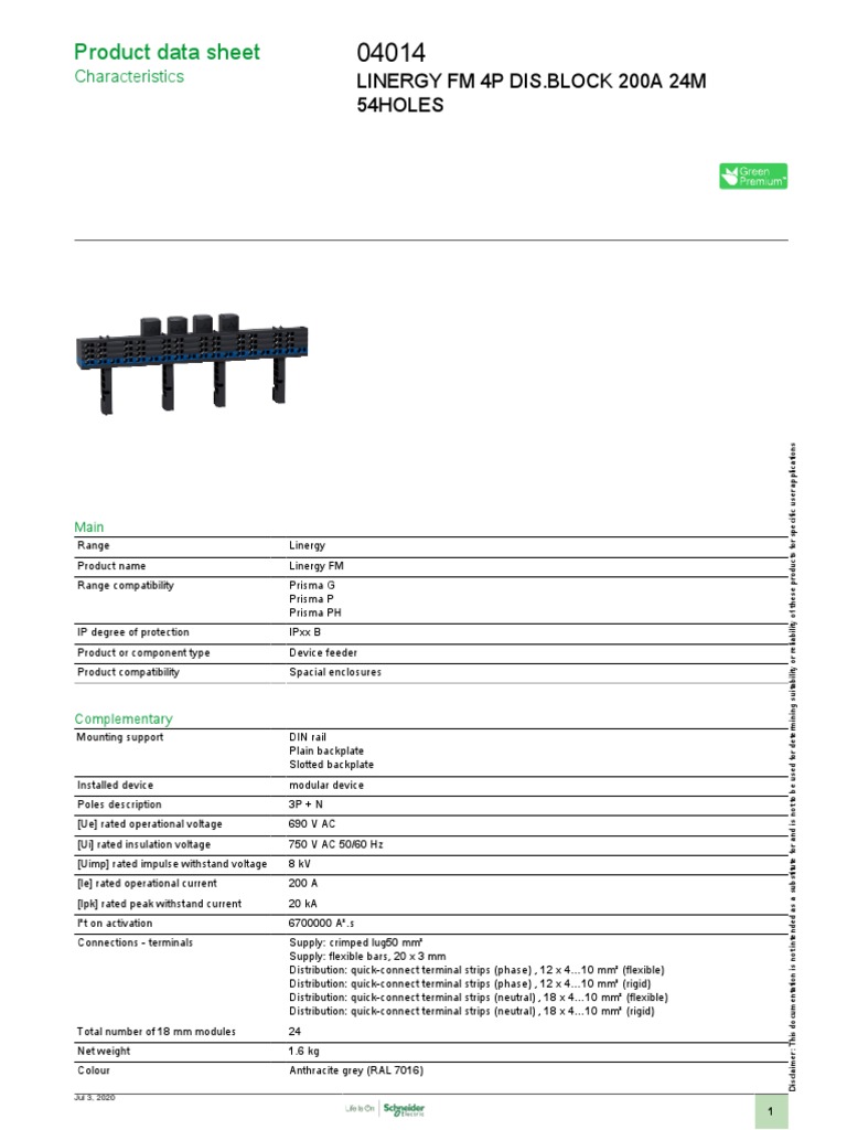 Product Data Sheet: Linergy FM 4P Dis - Block 200A 24M 54holes | PDF ...